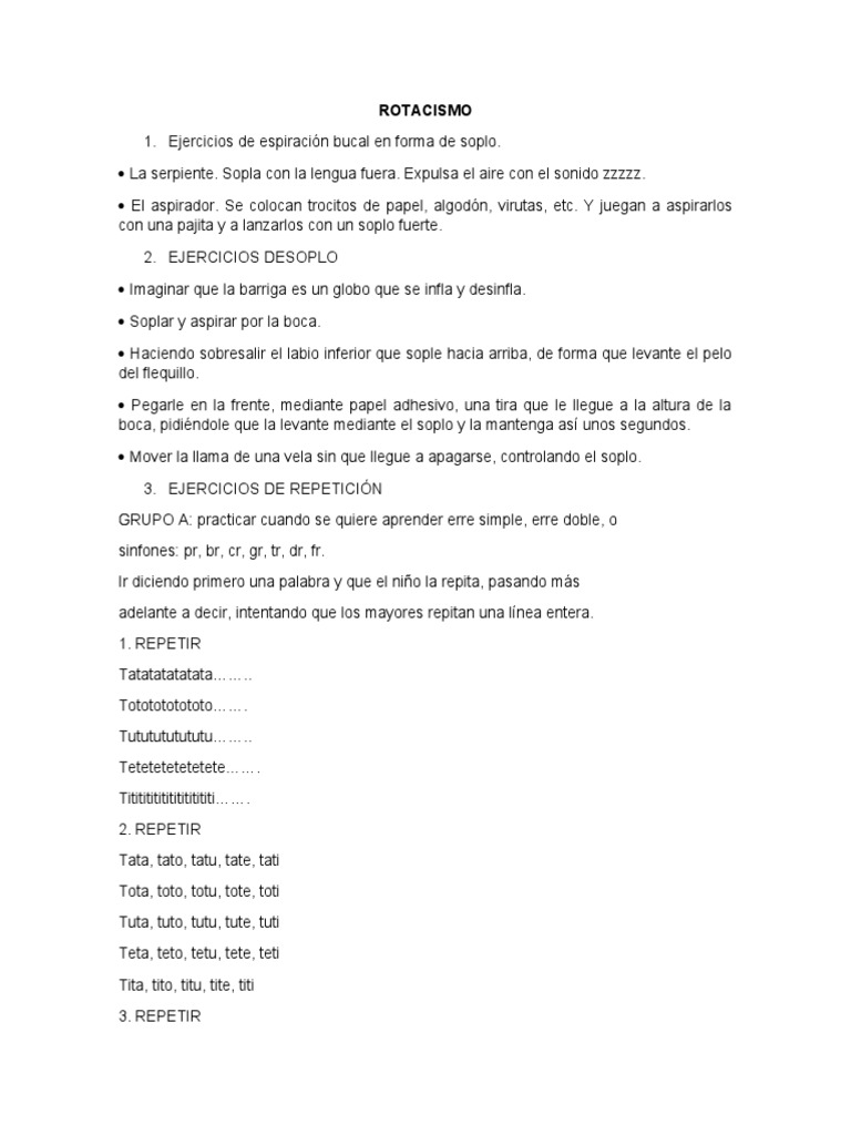 Rotacismo Ejercicios 1 | PDF | Estudios de idiomas extranjeros | Salud ...