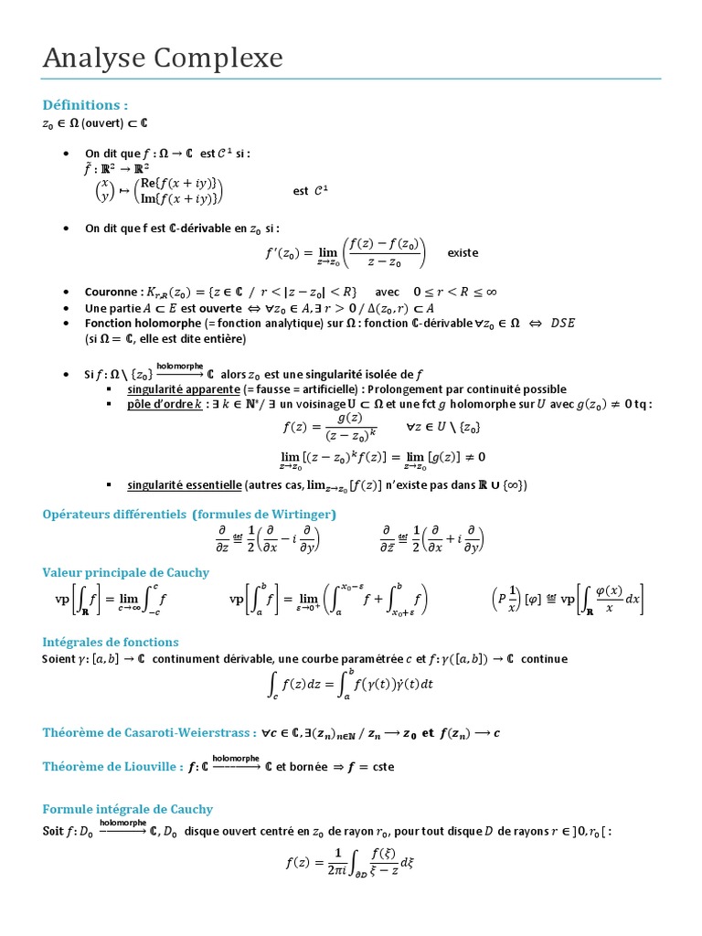 Fiche Résumé Analyse Complexe (Niveau L3) | PDF | Fonction holomorphe ...