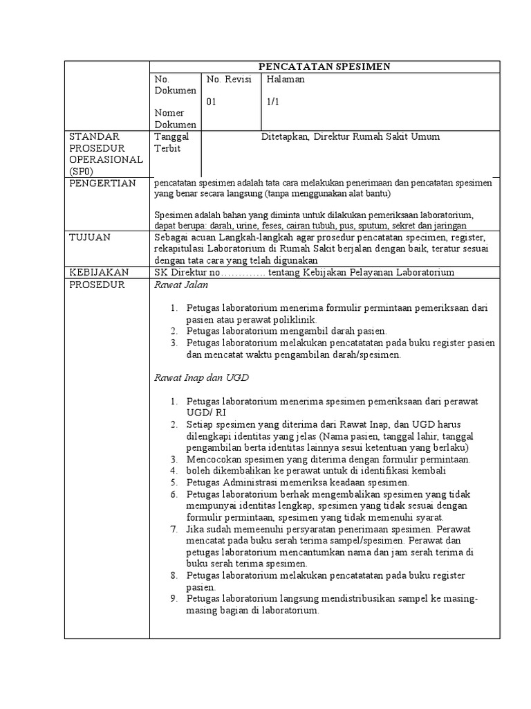 Spo Pencatatan Spesimen | PDF