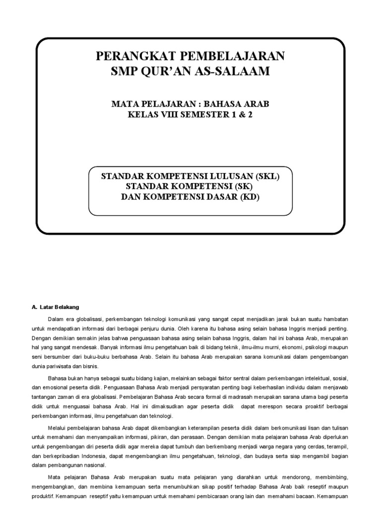 SKL SK-KD Bahasa Arab MTs Kelas 8 Semester 1&2 | PDF