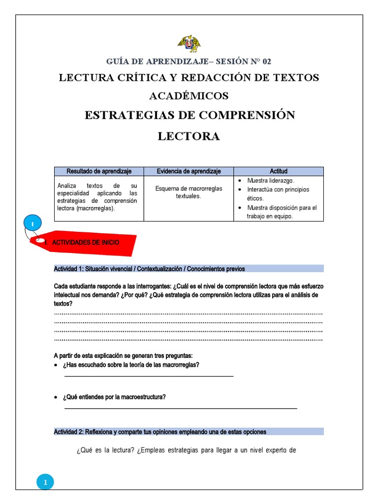 Guía Práctica Sesión 2 Estrategias de Comprensión Lectora Unt | PDF ...