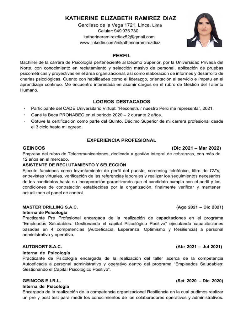 Katherine Elizabeth Ramirez Diaz Currículum Vitae 2022 | PDF | Sicología | Gestión del talento