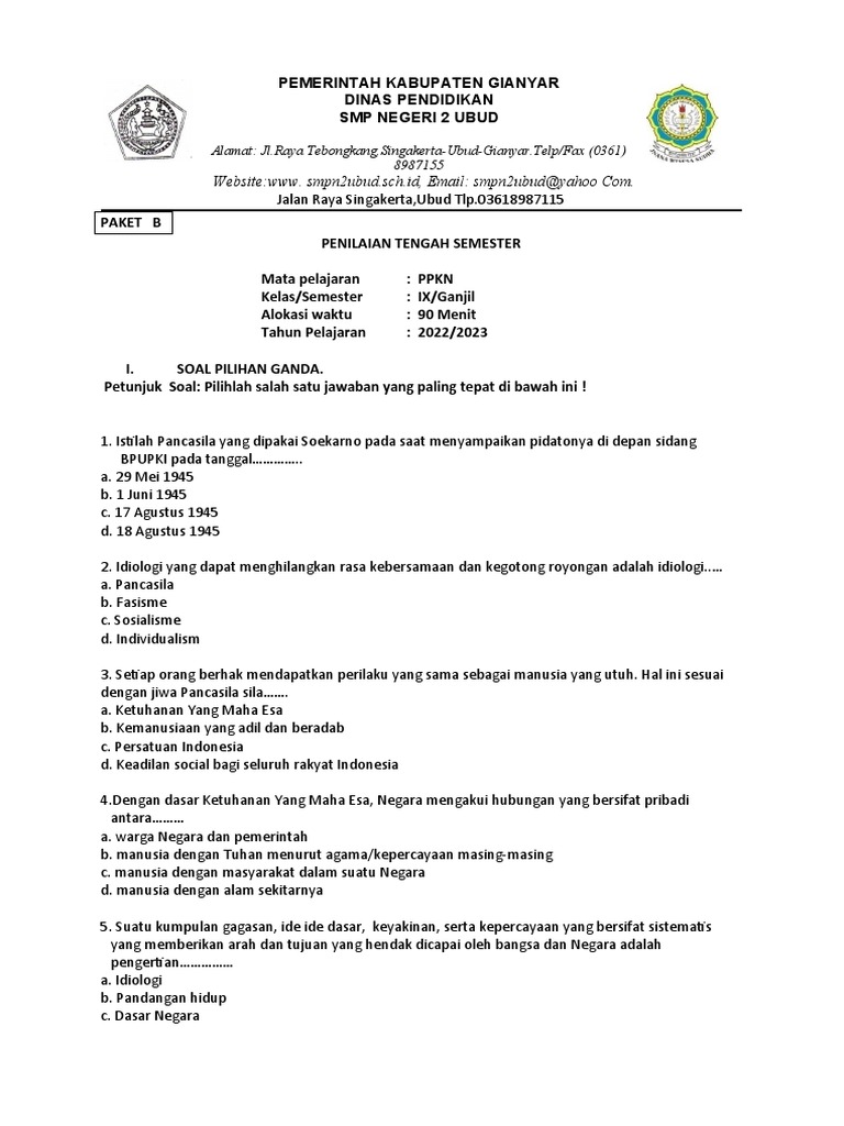 Soal PTS Ganjil PKN Kls 9 TH 2022 Paket B | PDF