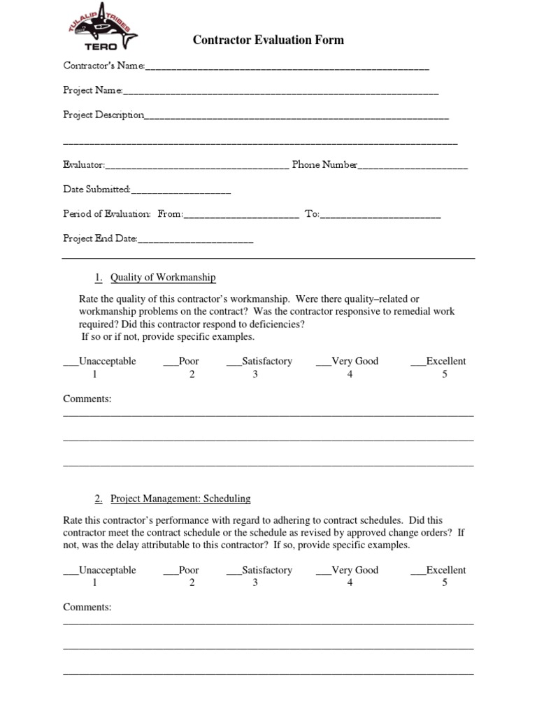 Contractor Evaluation Form | PDF | Employment | Business