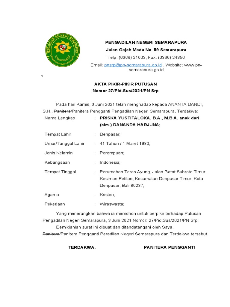 Akta Pikir-Pikir Terdakwa | PDF