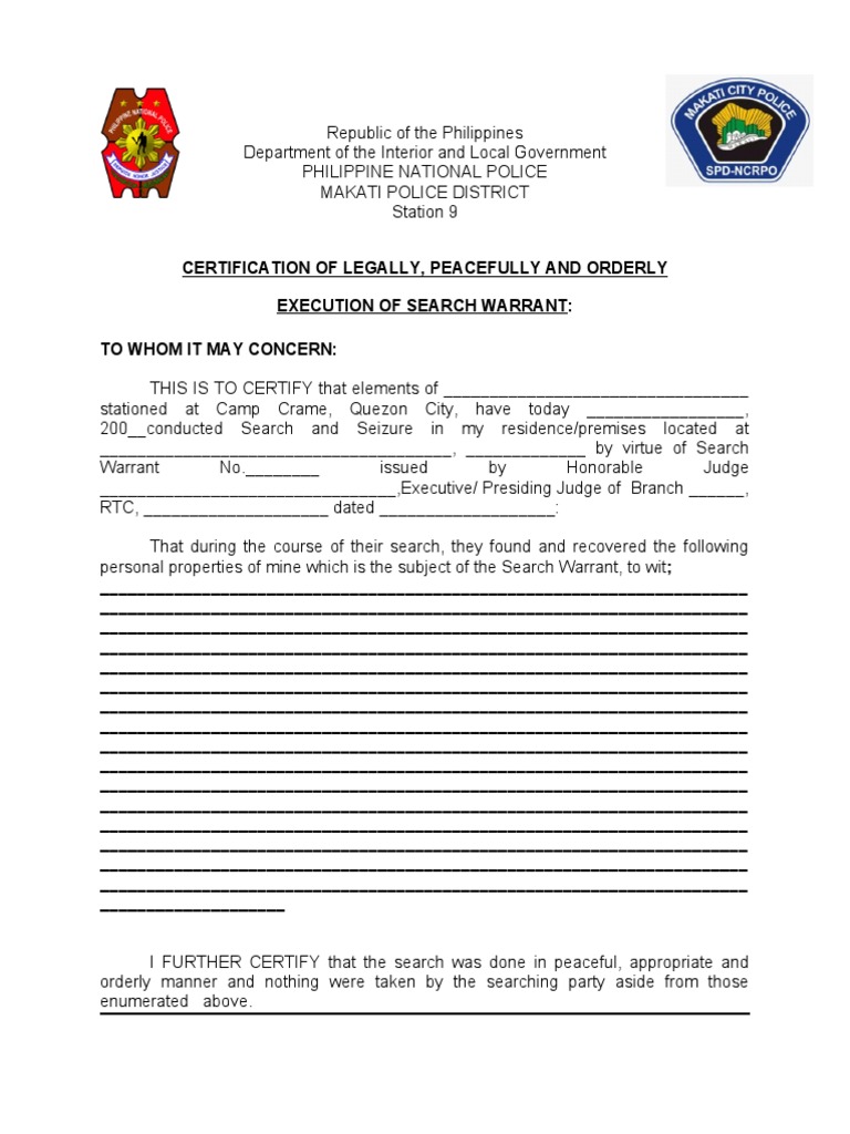 Certificate of Search Warrant Sample | PDF | Search Warrant | National ...