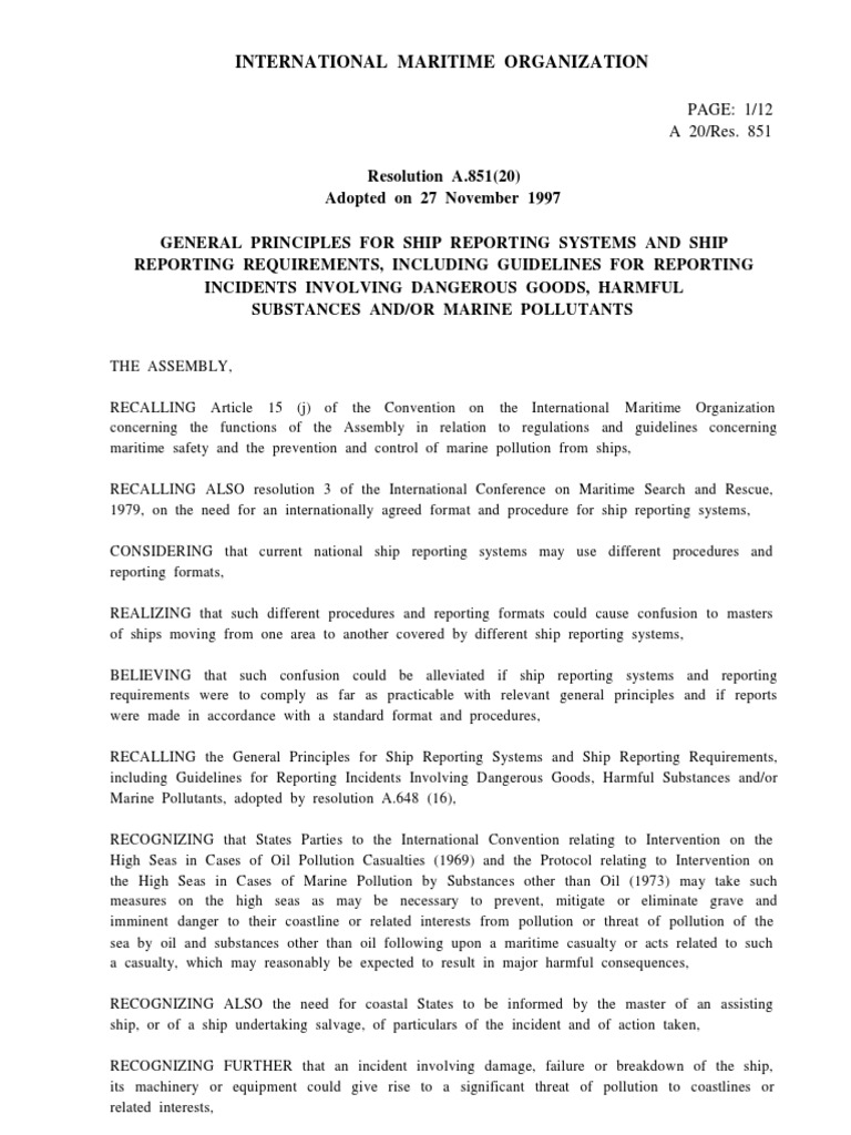 International Maritime Organization Resolution on Ship Reporting ...