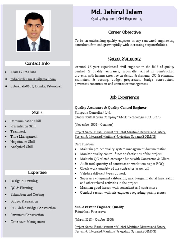 Standard CV - Md. Jahirul Islam | PDF | Engineer | Consultant