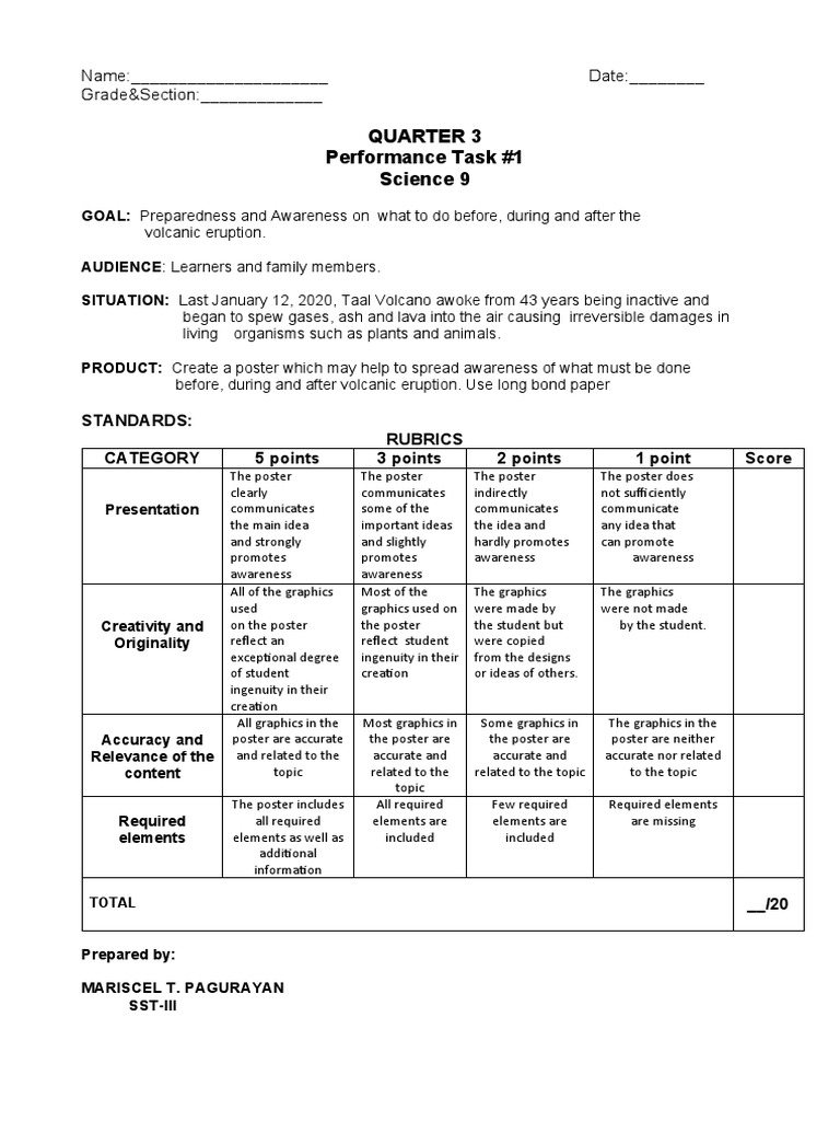 Science 9 Performance Tasks Guide | PDF | Rubric (Academic) | Volcano