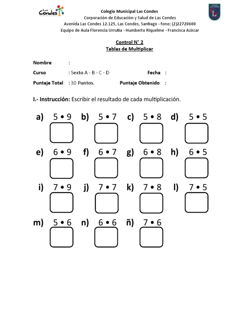 Control 2 Tablas de Multiplicar | PDF | Multiplicación | Álgebra abstracta