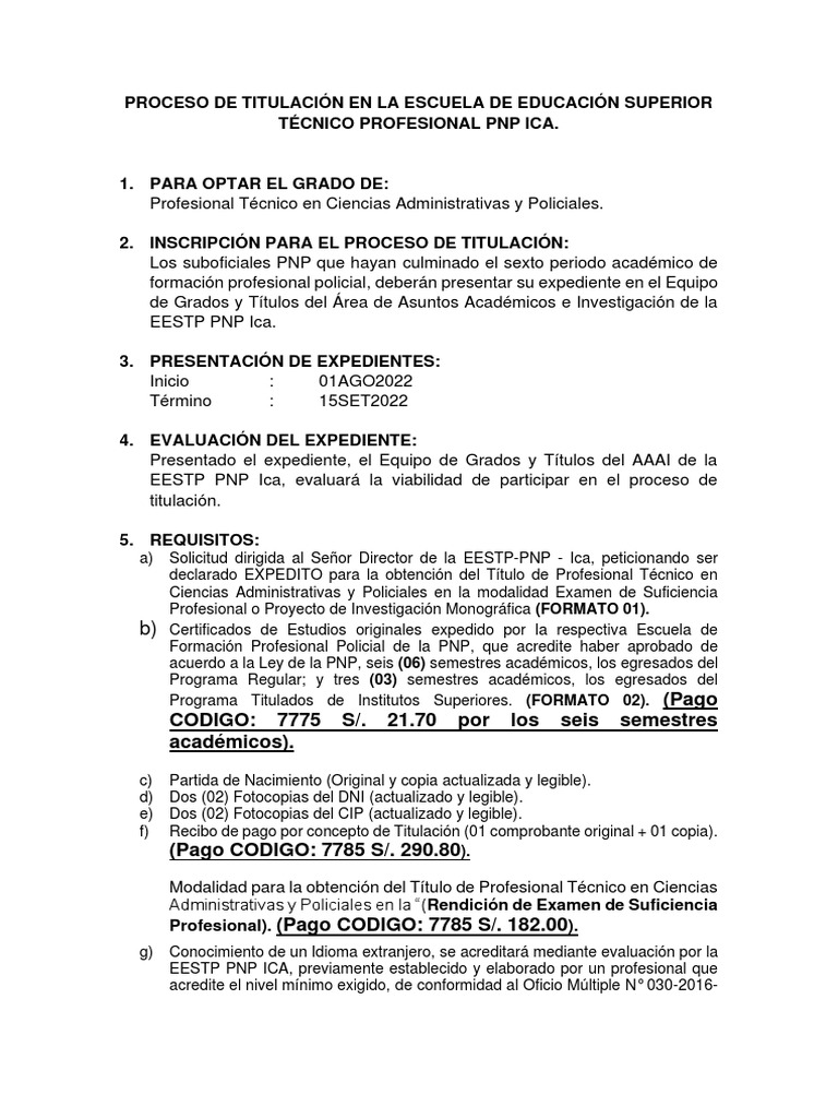 Proceso de Titulación en La Escuela de Educación Superior Técnico Profesional PNP Ica | PDF ...