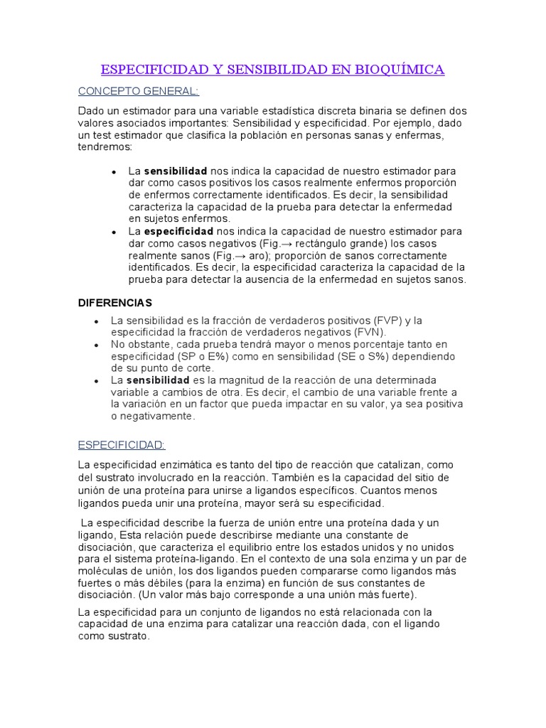Especificidad y Sensibilidad en Bioquímica | PDF | Sensibilidad y ...