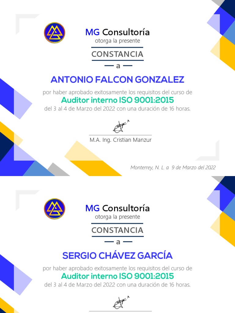 Constancias Curso Auditor Iso 9001 2015 Pdf Negocios