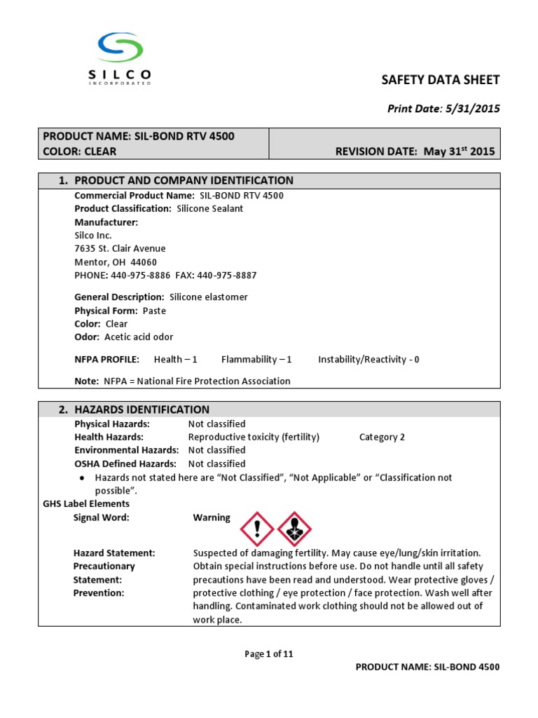Sds+Silco+Rtv+4500+ +clear | PDF | Personal Protective Equipment ...