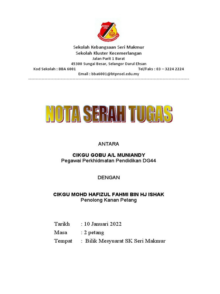 Nota Serah Tugas Guru | PDF
