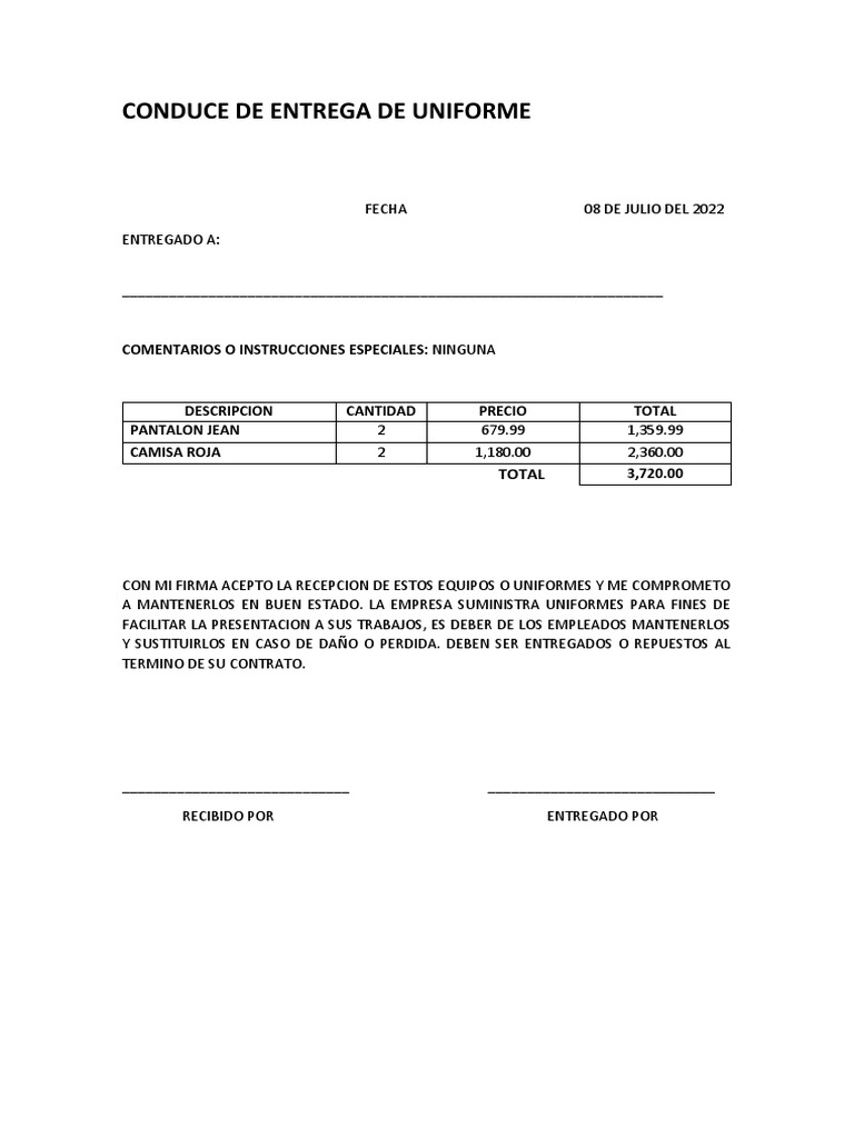Conduce De Entrega De Uniformes Pdf Negocios Finanzas Y Dinero