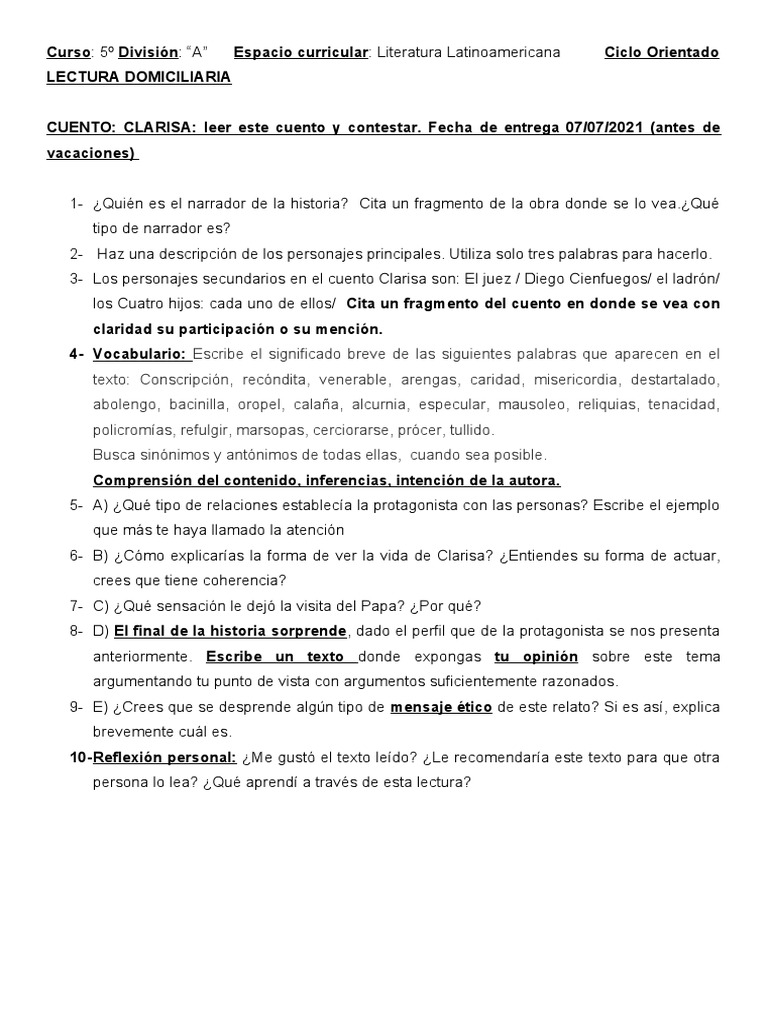 5º Lectura Clarisa | PDF