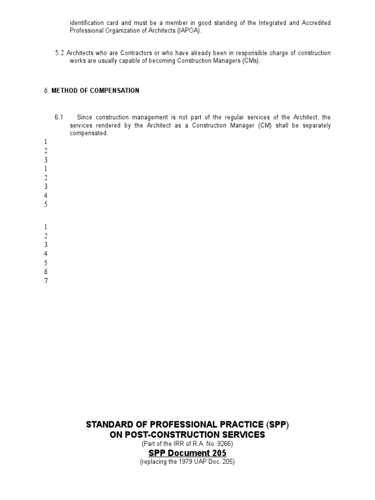Method of Compensation: Standard of Professional Practice (SPP) On Post-Construction Services ...