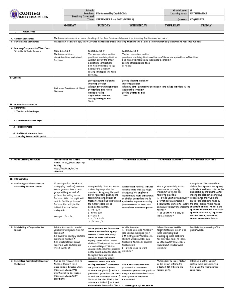 DLL Mathematics 6 Q1 W3 | PDF | Learning | Cognition