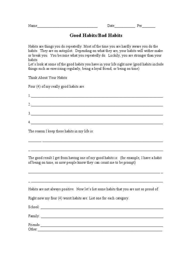 Good and Bad Habits Worksheet | PDF