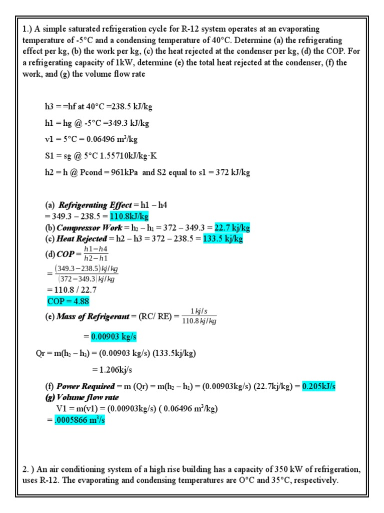 Simple refrigeration cycle calculations and parameters | PDF ...