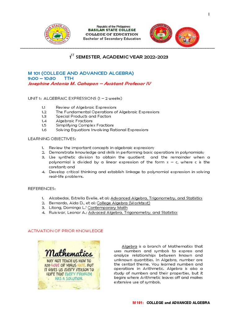 M 101 Unit 1 | PDF | Division (Mathematics) | Factorization