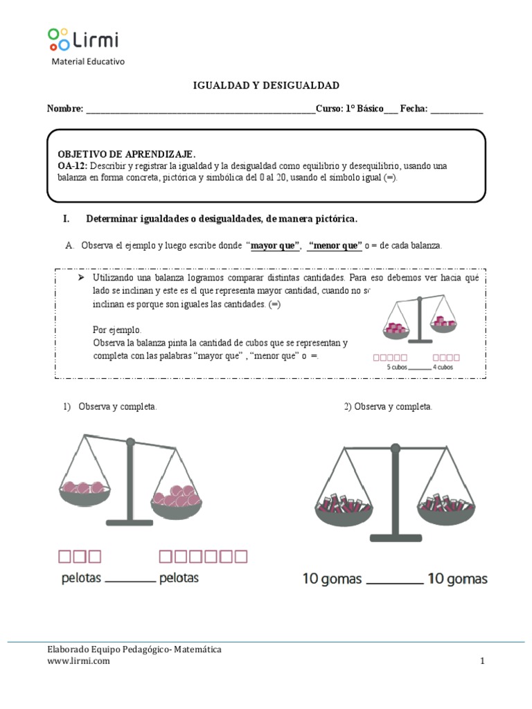OA-12 primero basico - Matemática_Balanza | PDF | Desigualdad social | Discriminación y ...