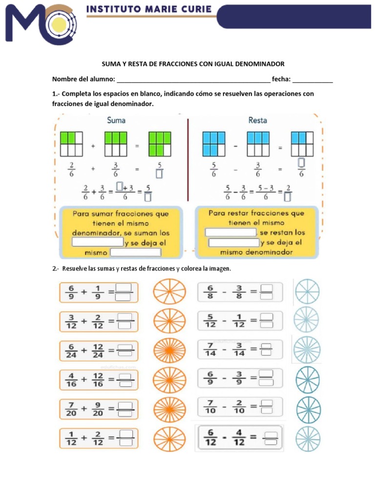 Suma y Resta de Fracciones Con Igual Denominador | PDF | Métodos y ...