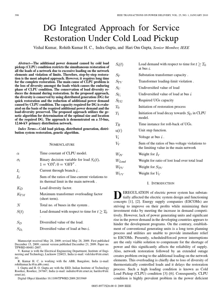 DG Integrated Approach For Service Restoration Under Cold Load Pickup | PDF | Electrical Grid ...