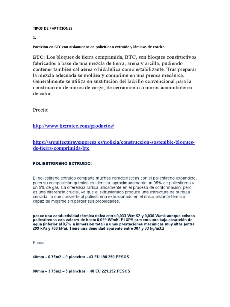 Tipos de Particiones | PDF | Aislamiento térmico | Poliestireno