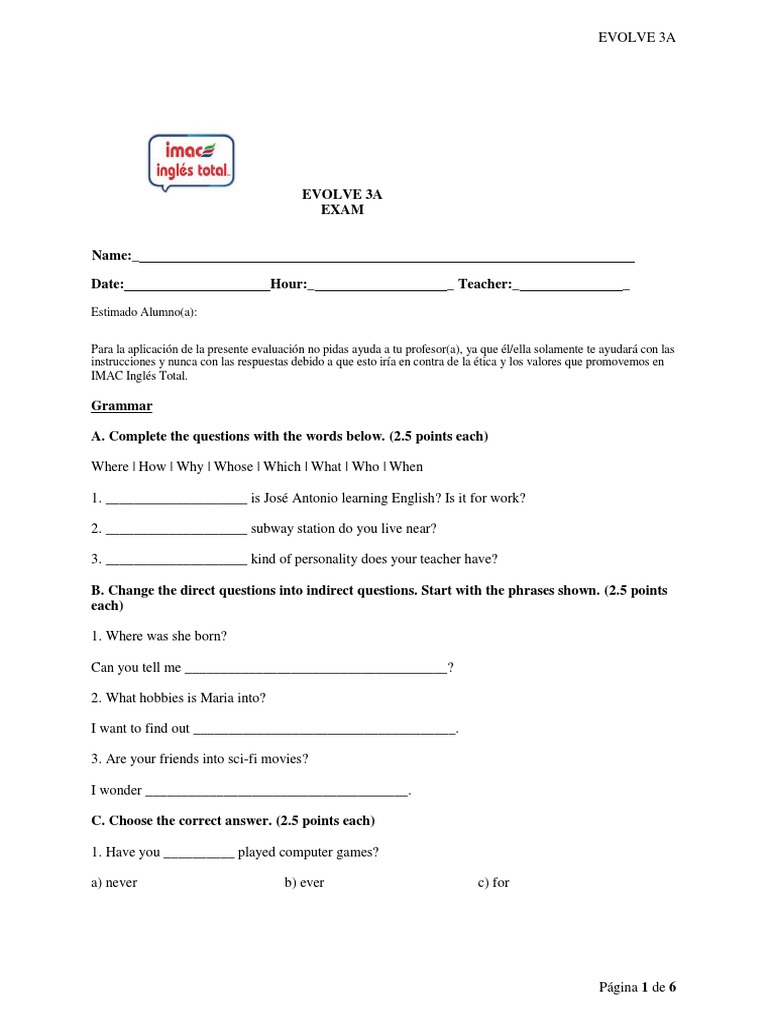 Exam EVOLVE 3A | PDF | Hostel