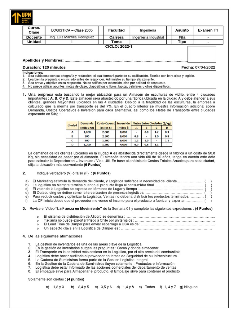 Indicaciones:: Examen T1 | PDF | Logística | Procesos de negocio