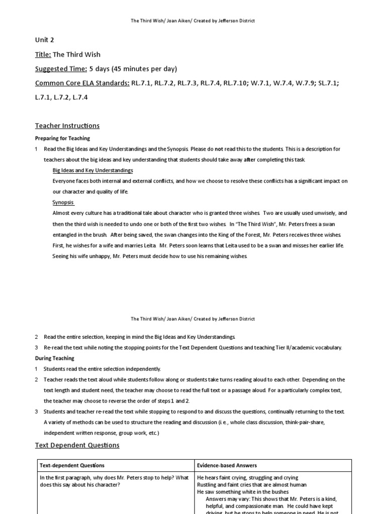 Teaching "The Third Wish" Summary | PDF