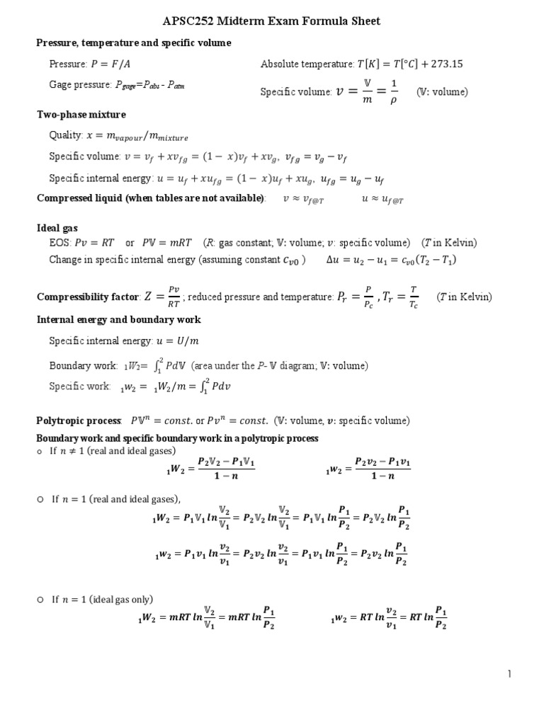 APSC 252 Midterm Formula Sheet | Download Free PDF | Gases | Temperature