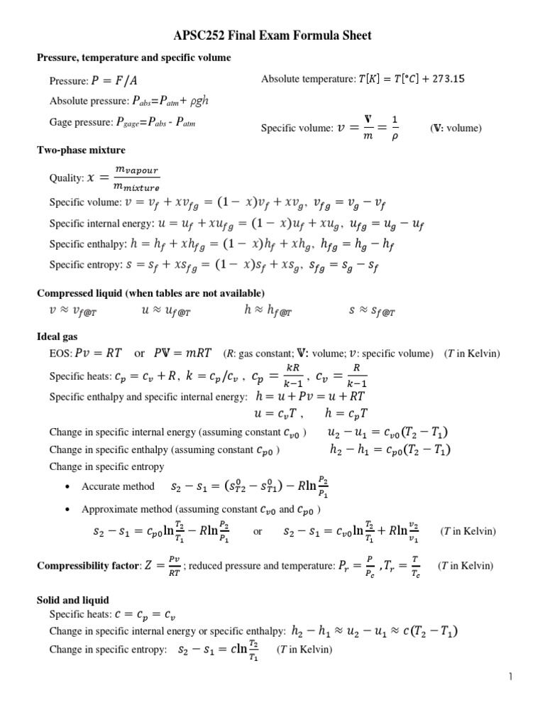 APSC 252 Final Exam Formula Sheet | PDF | Enthalpy | Heat APSC 252 Final Exam Formula Sheet | PDF | Enthalpy | Heat