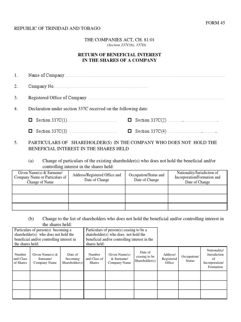 Form 45: Return of Beneficial Interest | PDF | Shareholders | Companies