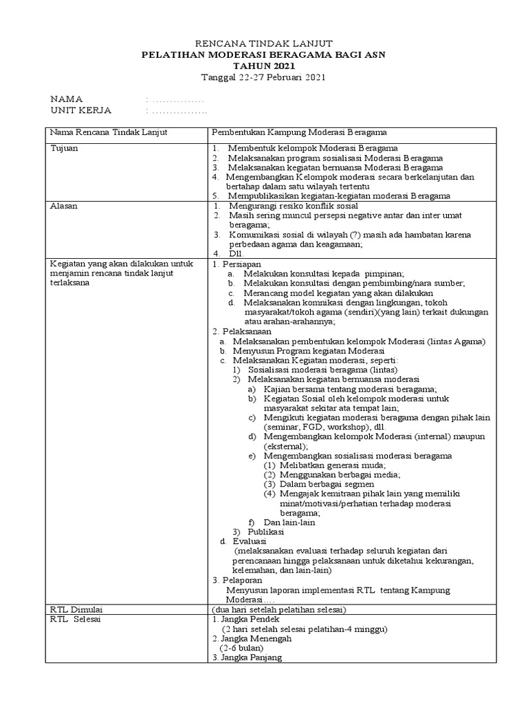 Rencana Tindak Lanjut Moderasi Beragama | PDF | Karier & Perkembangan