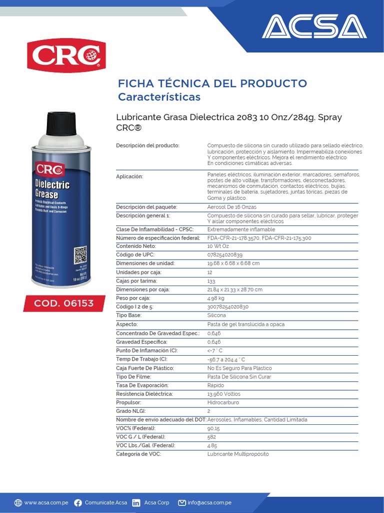 Ficha Técnica Del Producto Características: Lubricante Grasa Dielectrica 2083 10 Onz/284g. Spray ...
