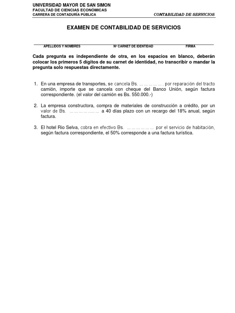 Examen de Mesa Servicios Umss | PDF