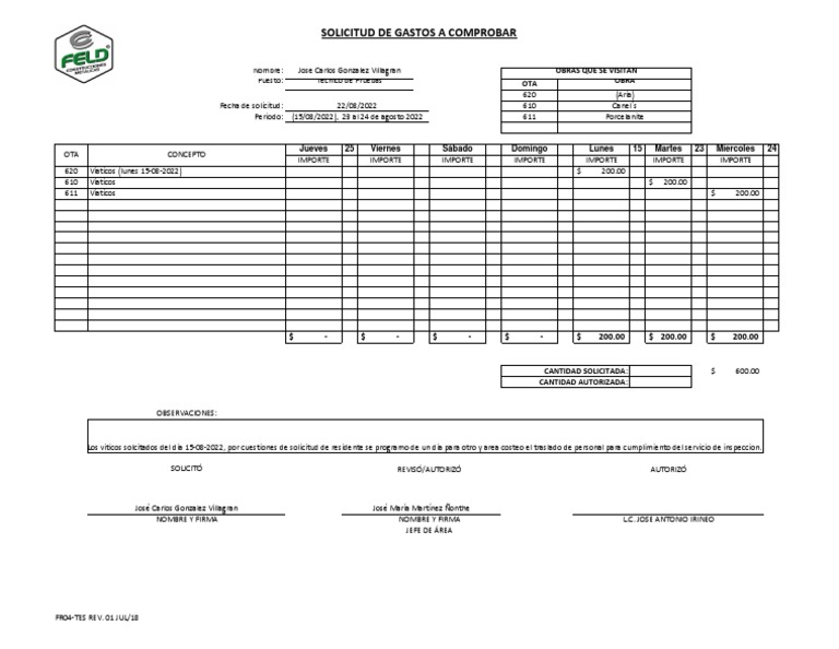 Formato Solicitud de Gastos A Comprobar | PDF