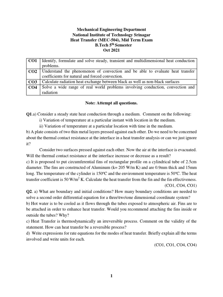 Heat Transfer Exam Questions for MEC-504 | PDF | Heat Transfer ...