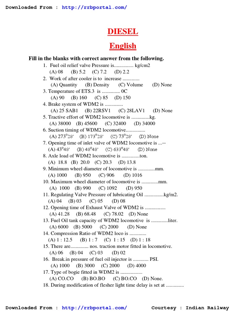 NCR Departmental Exam Diesel Objective Question Bank With Ans | PDF ...