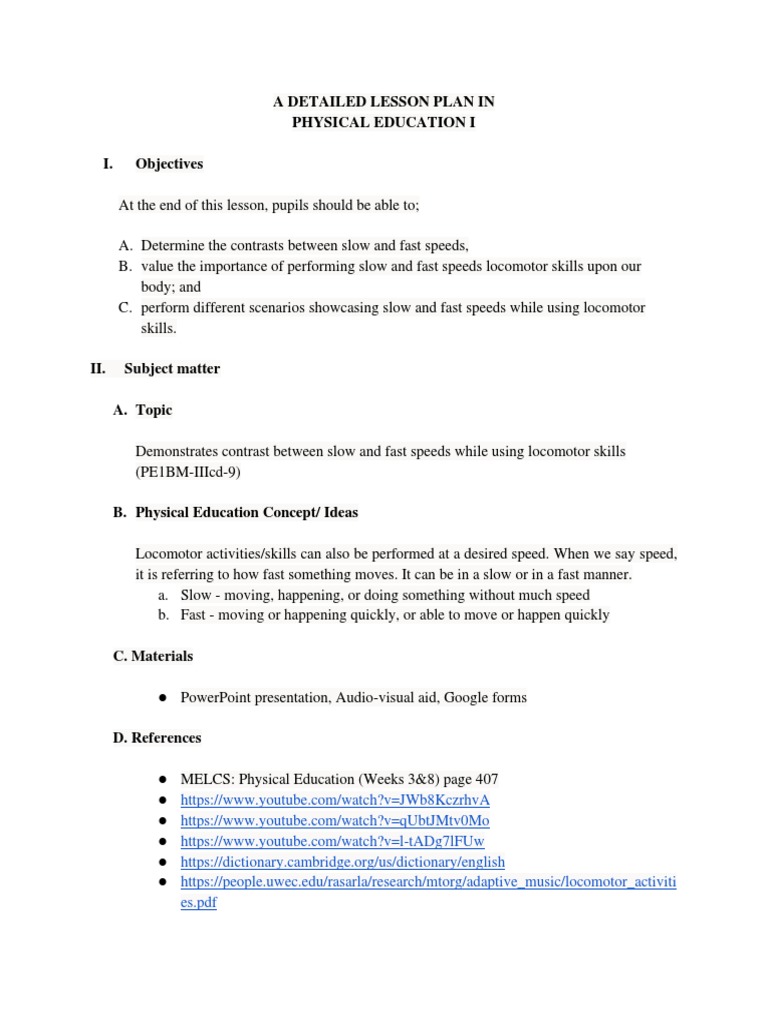 A DETAILED LESSON PLAN IN PHYSICAL EDUCATION I | PDF | Animal ...