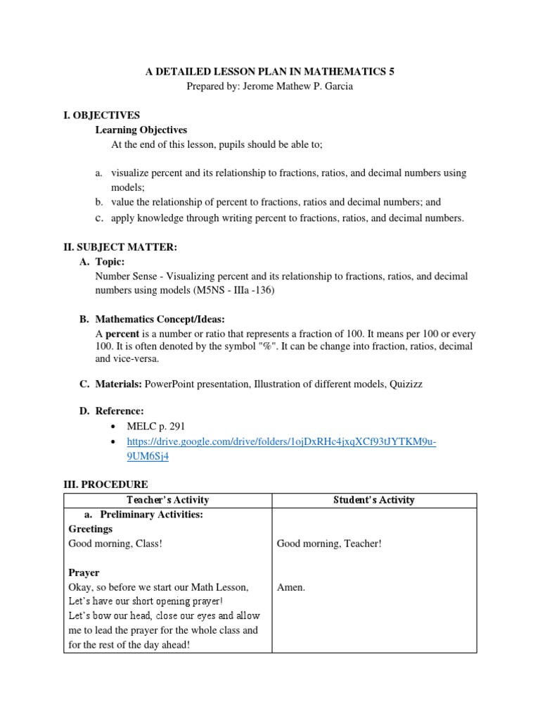 A Detailed Lesson Plan in Mathematics 5 | PDF | Ratio | Percentage