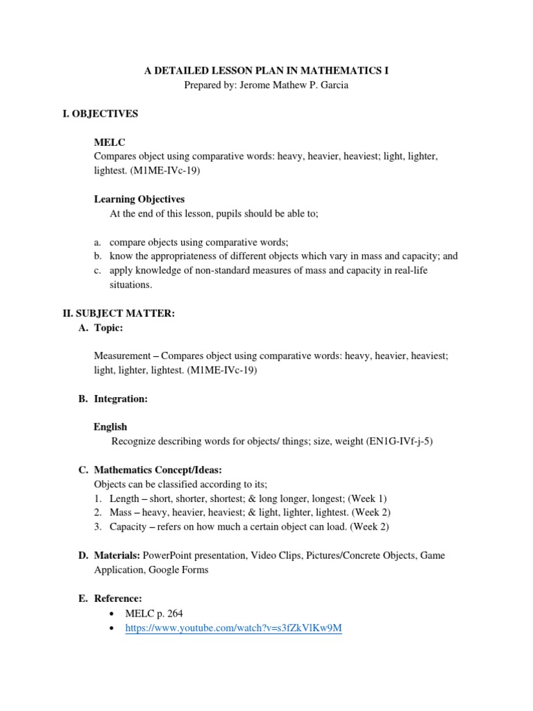 A Detailed Lesson Plan in Mathematics I | PDF | Teachers | Lesson Plan