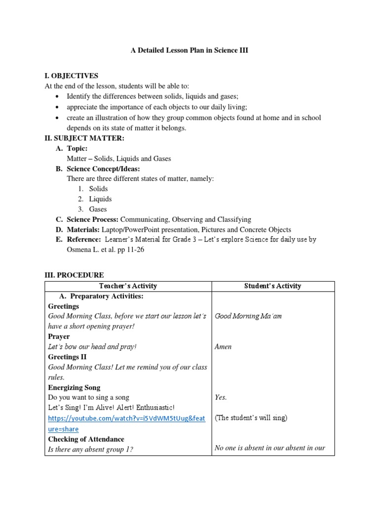 States of Matter Lesson Plan for Grade 3 | PDF | Matter | Gases