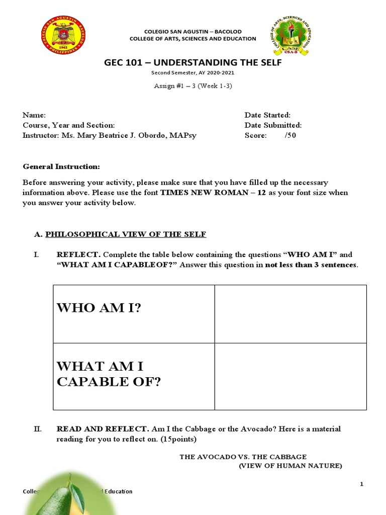 Understanding the Self: GEC 101 Assignment | PDF | Avocado