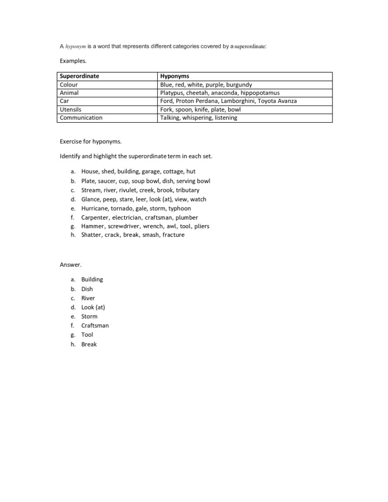 Hyponyms Worksheet for Grade 3 | PDF