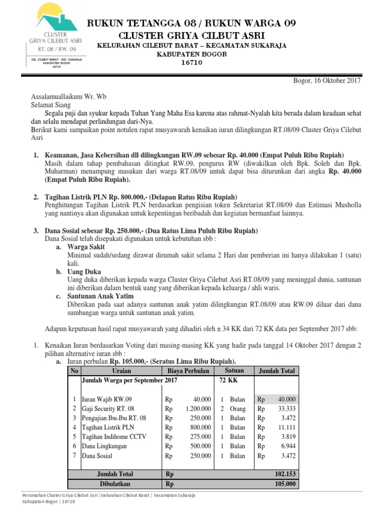Notulen Rapat Kenaikan Iuran RT 08/09 | PDF
