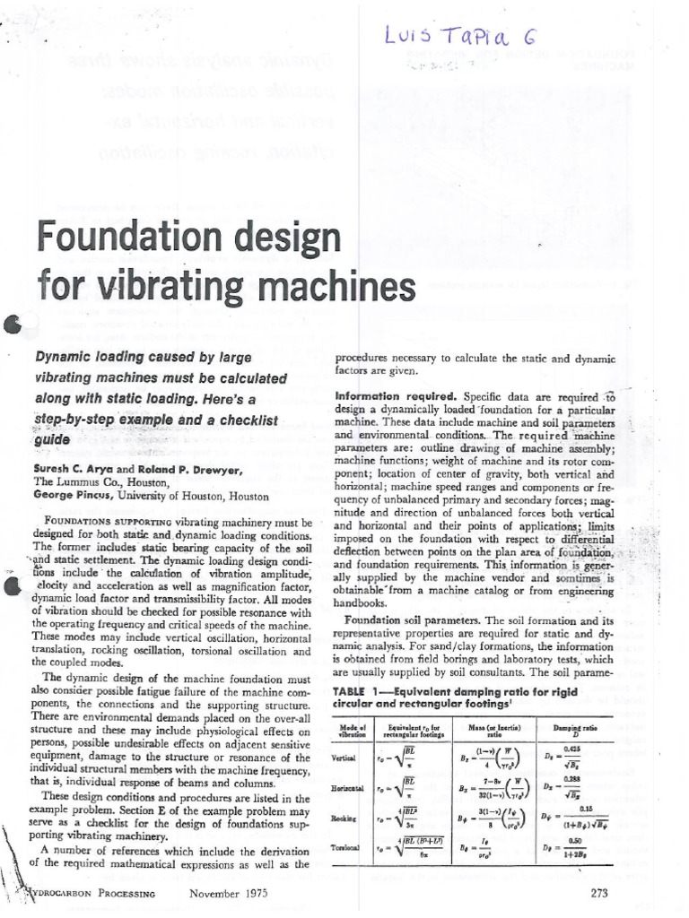 Arya & Drewyer - Foundation Design For Vibrating Machines | PDF
